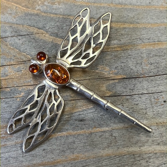Jewelry | Vintage Sterling Silver Amber Dragonfly Brooch | Poshmark
